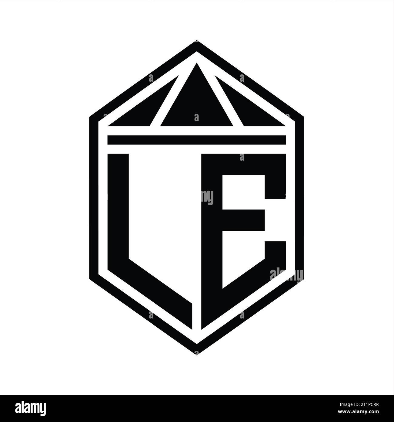 LE Letter Logo monogram simple hexagon shield shape with triangle crown isolated style design ...