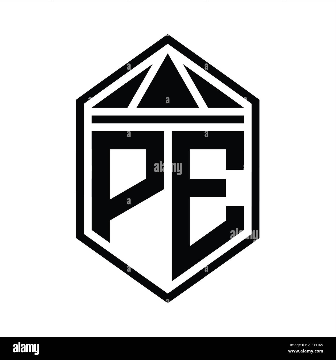 PE Letter Logo monogram simple hexagon shield shape with triangle crown isolated style design ...