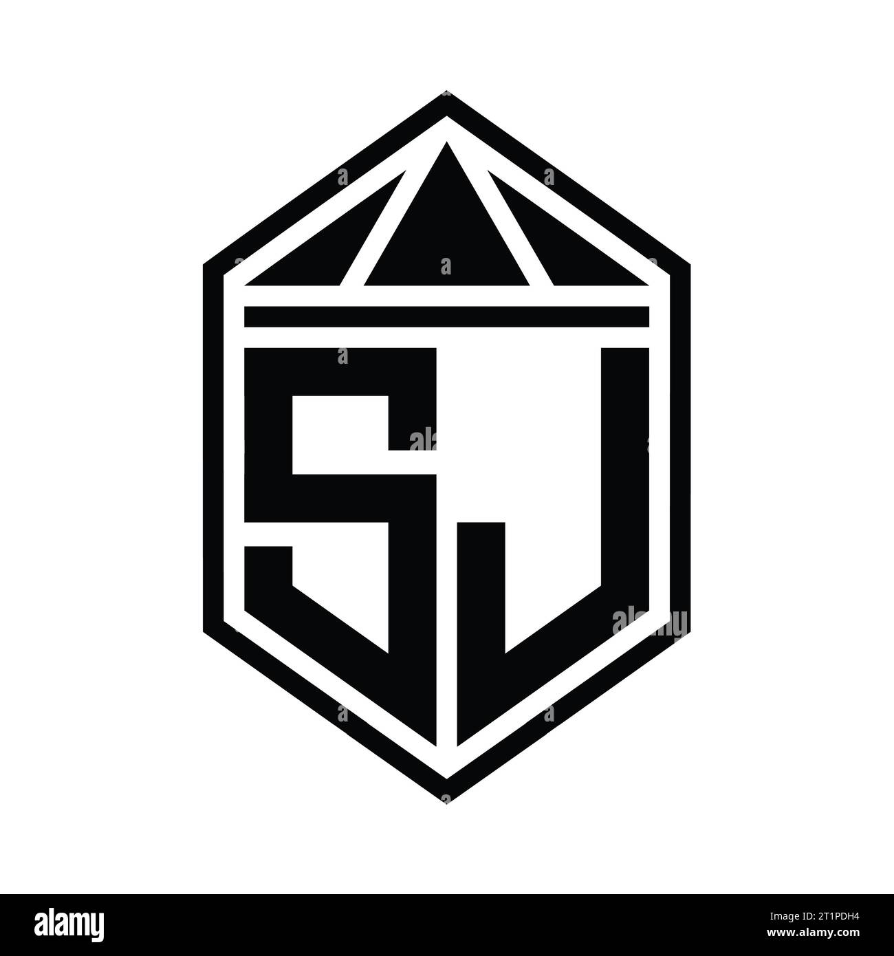 SJ Letter Logo monogram simple hexagon shield shape with triangle crown ...