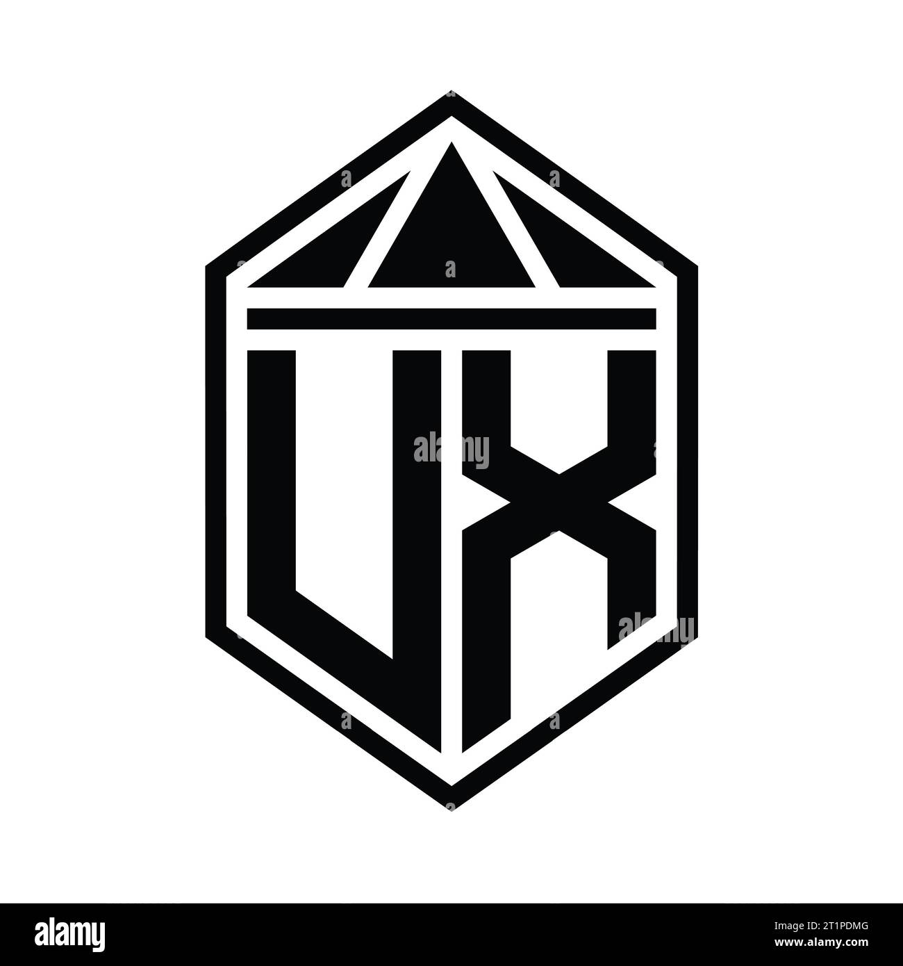 UX Letter Logo monogram simple hexagon shield shape with triangle crown ...