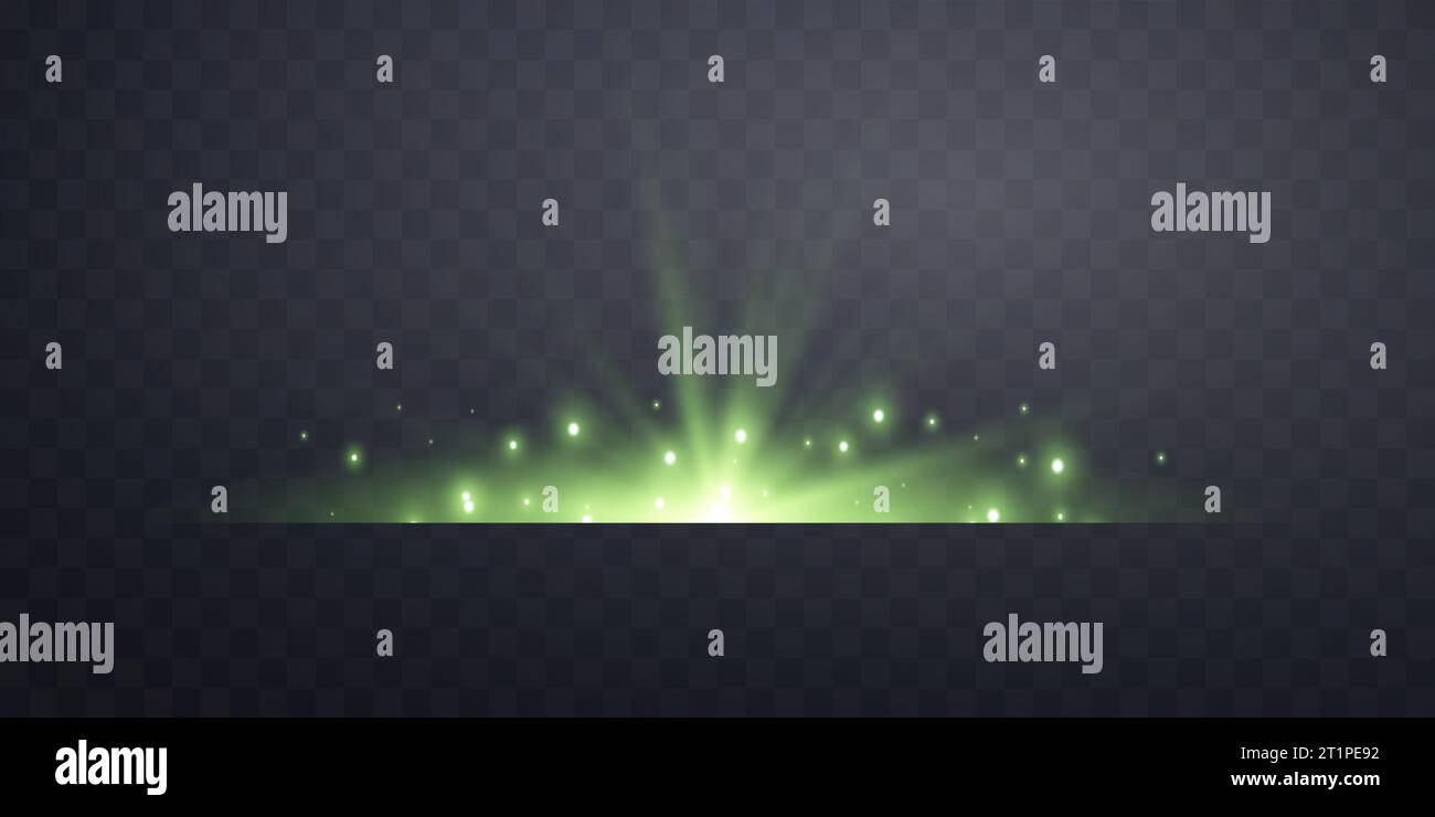 Green horizontal lensflare. Light flash with rays or green spotlight ...