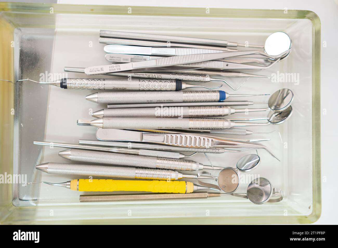 Professional dentist tools, dentist mirrors, forceps curved, explorer ...