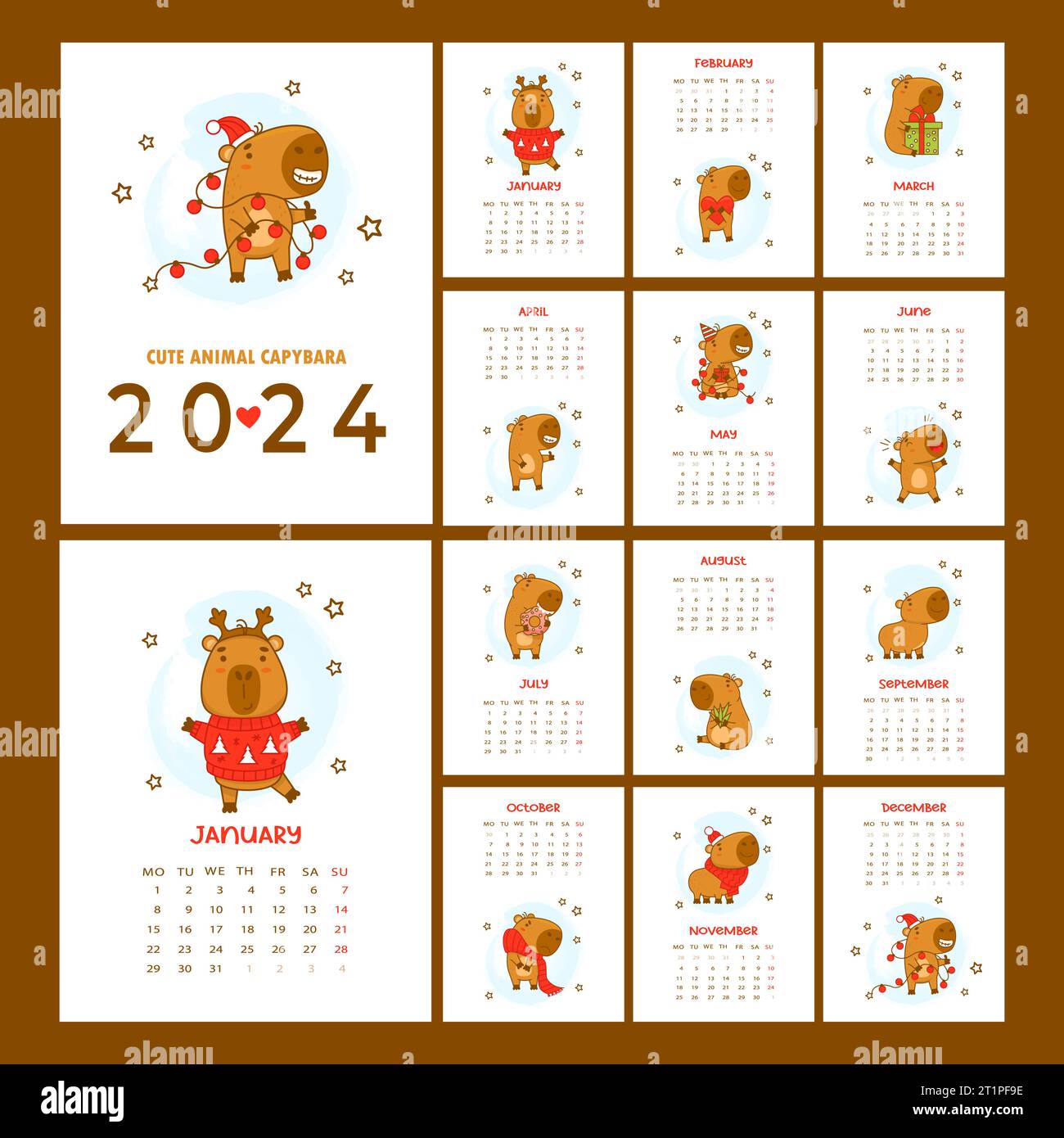 Cute capybara printable calendar 2024. Vector illustration. Vertical ...