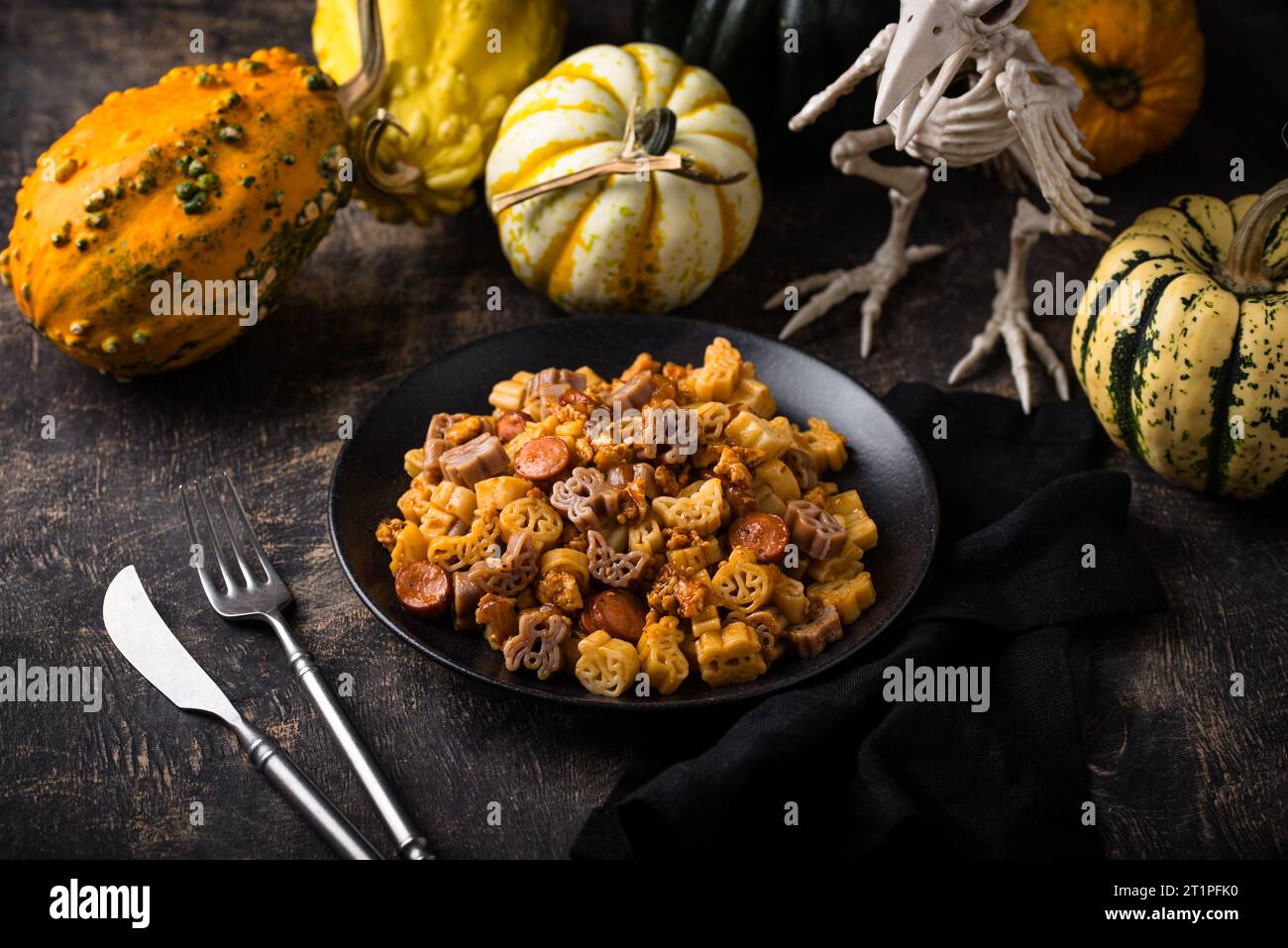 Halloween pasta in shape of spider, bat and pumpkin Stock Photo - Alamy