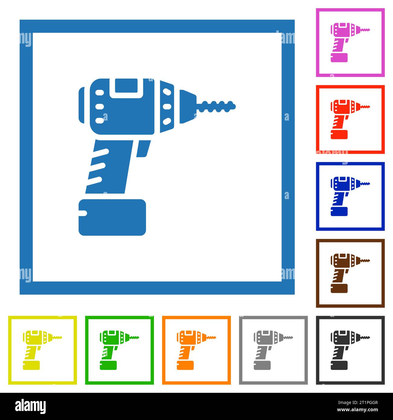 Cordless drill flat color icons in square frames on white background ...