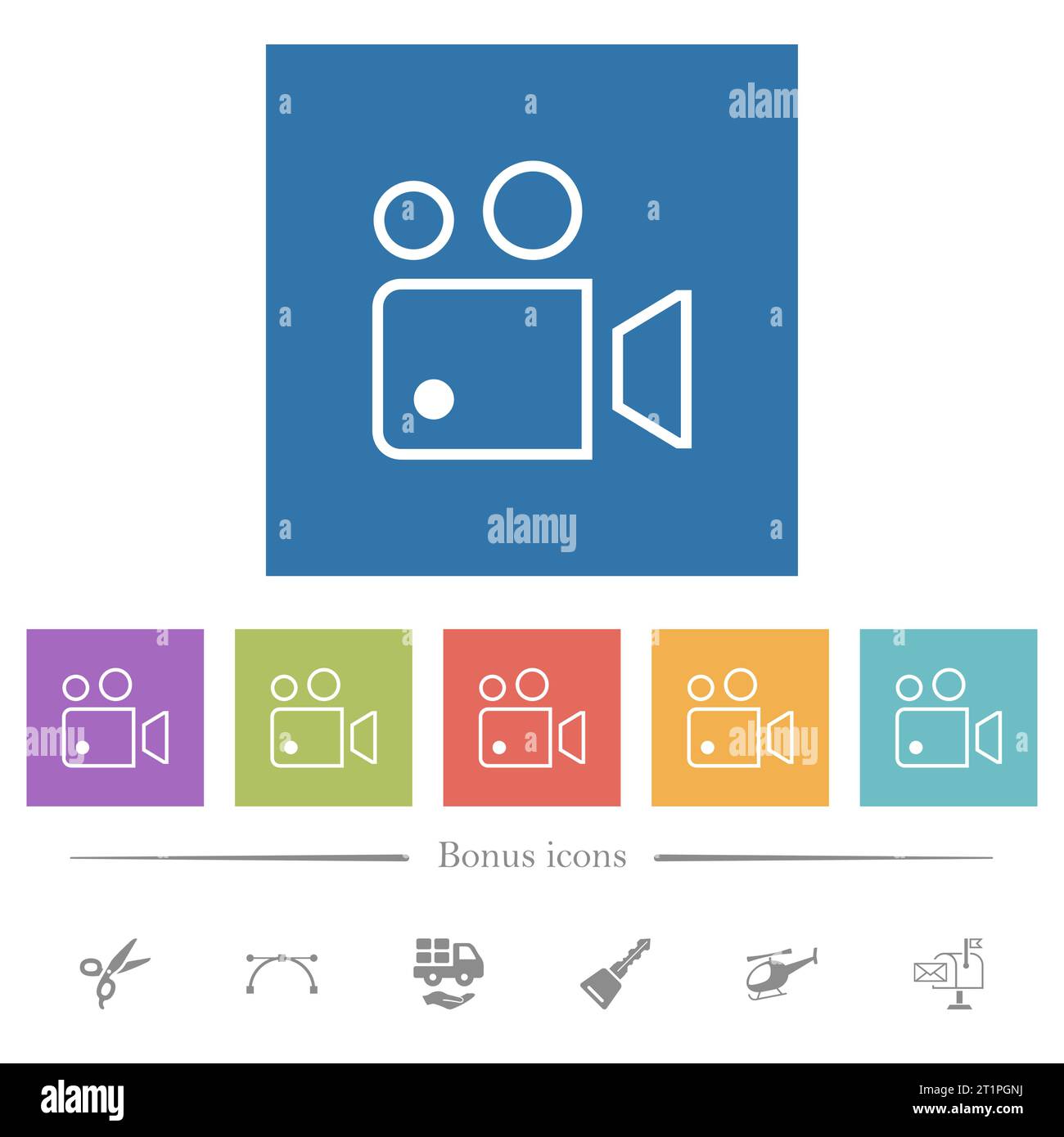 Movie projector outline flat white icons in square backgrounds. 6 bonus ...
