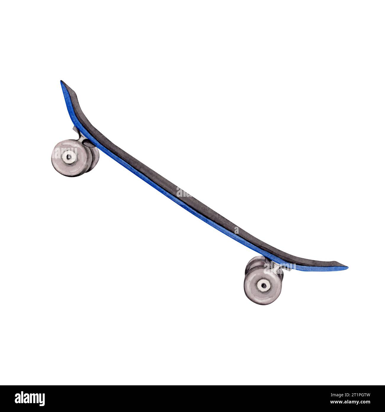 Blue skateboard side view. Watercolor illustration on transparent ...