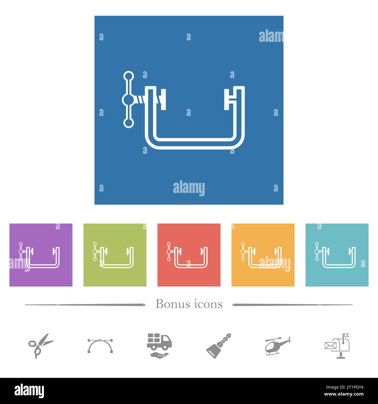 Vice clamp outline flat white icons in square backgrounds. 6 bonus ...