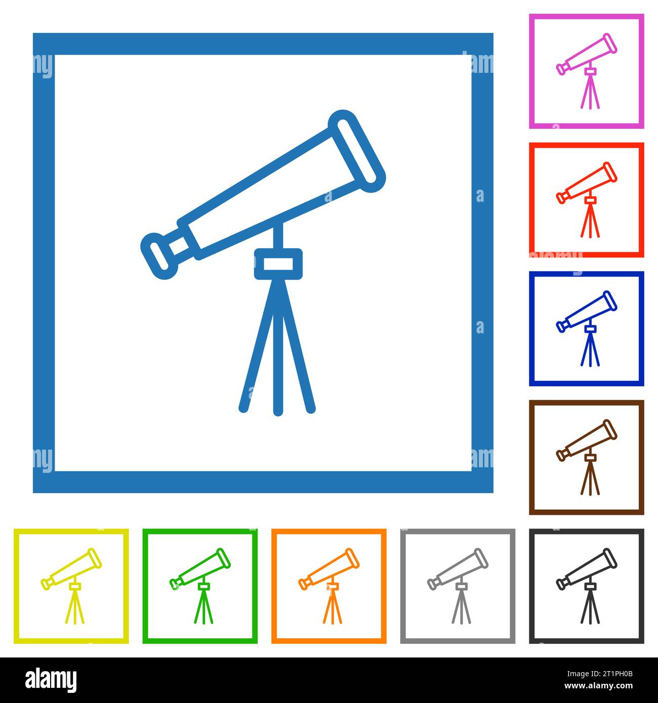 Space telescope outline flat color icons in square frames on white ...