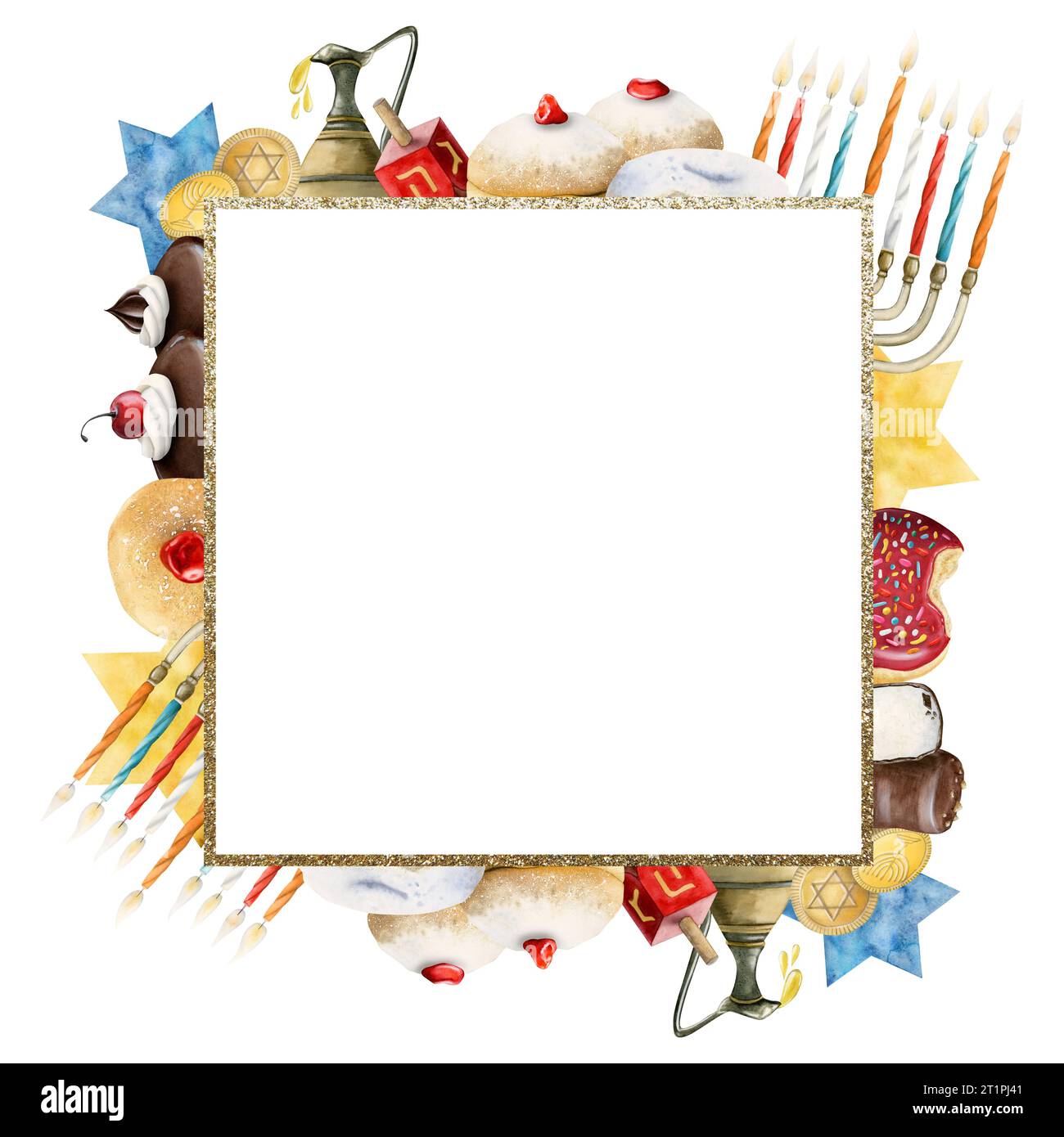 Watercolor Hanukkah greeting card square frame template illustration of ...