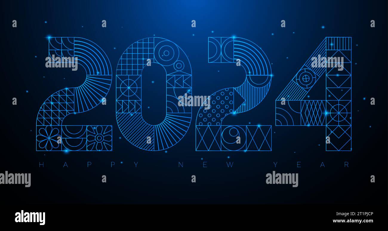 Blue neon light 2024 modern geometric New Year card. Grid based design ...