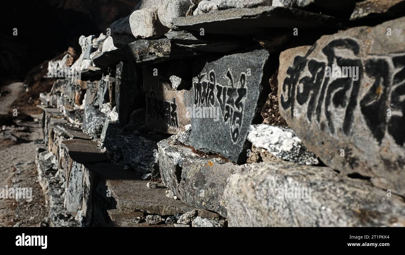 Buddhist signs on the way to Kyanjin Gompa village, Langtang Valley ...