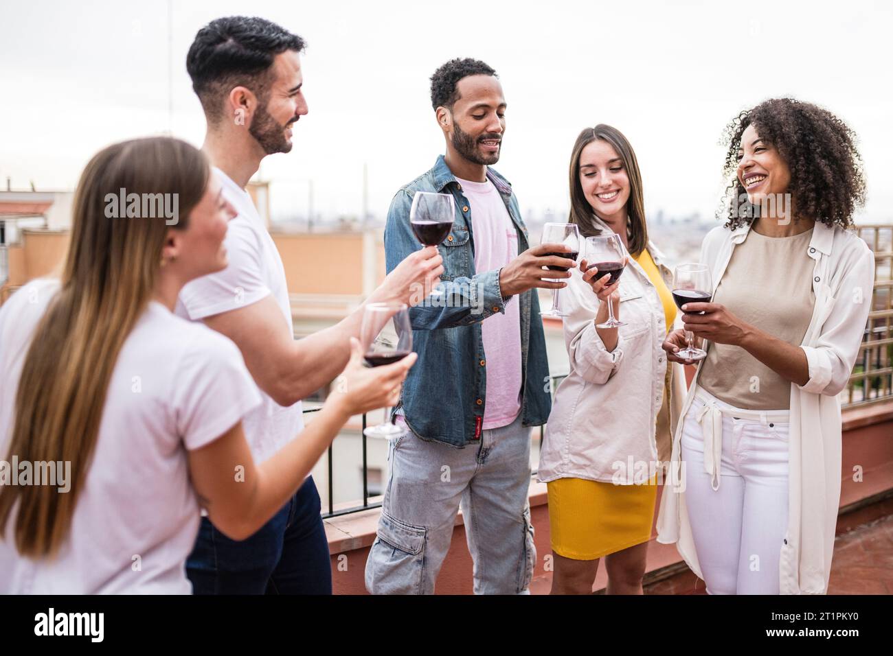 Diverse group of friends laughing having drinks and toasting in a ...