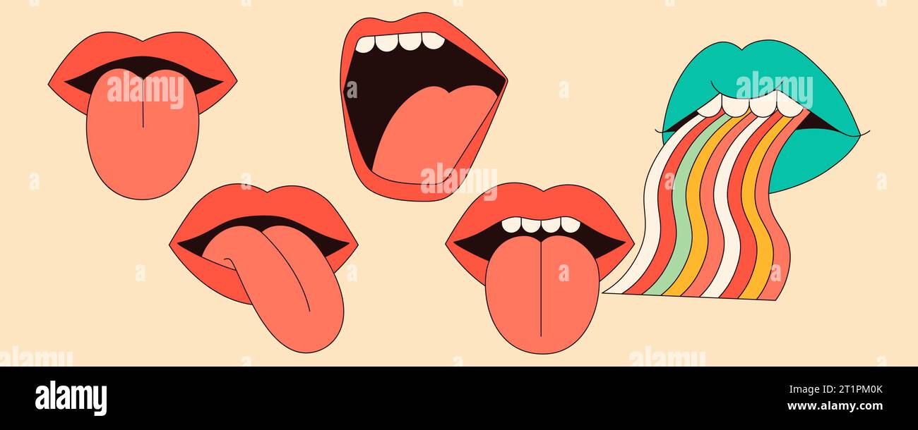 Set of 70s groovy lips in Hippie 60s, 70s style. Vector illustration ...