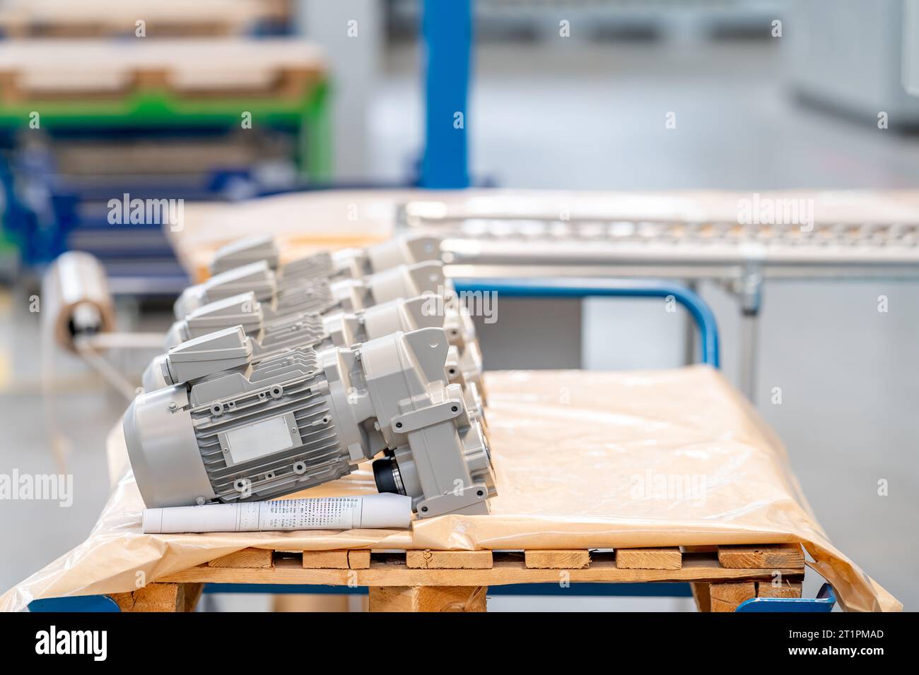 modern electric motors in production ready for shipment, copy space ...