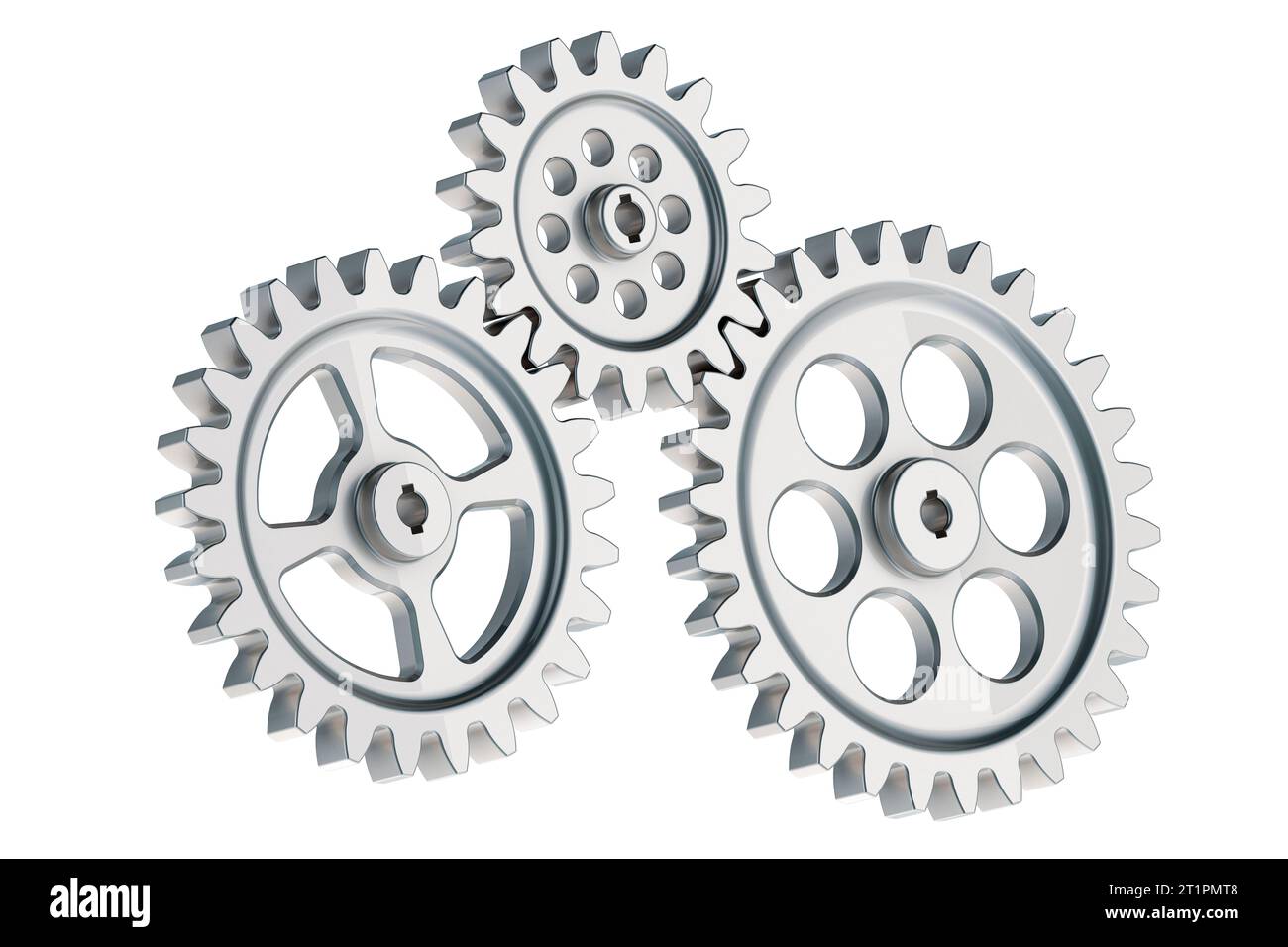 Steel cogs and gear wheel mechanisms, 3D rendering isolated on white ...