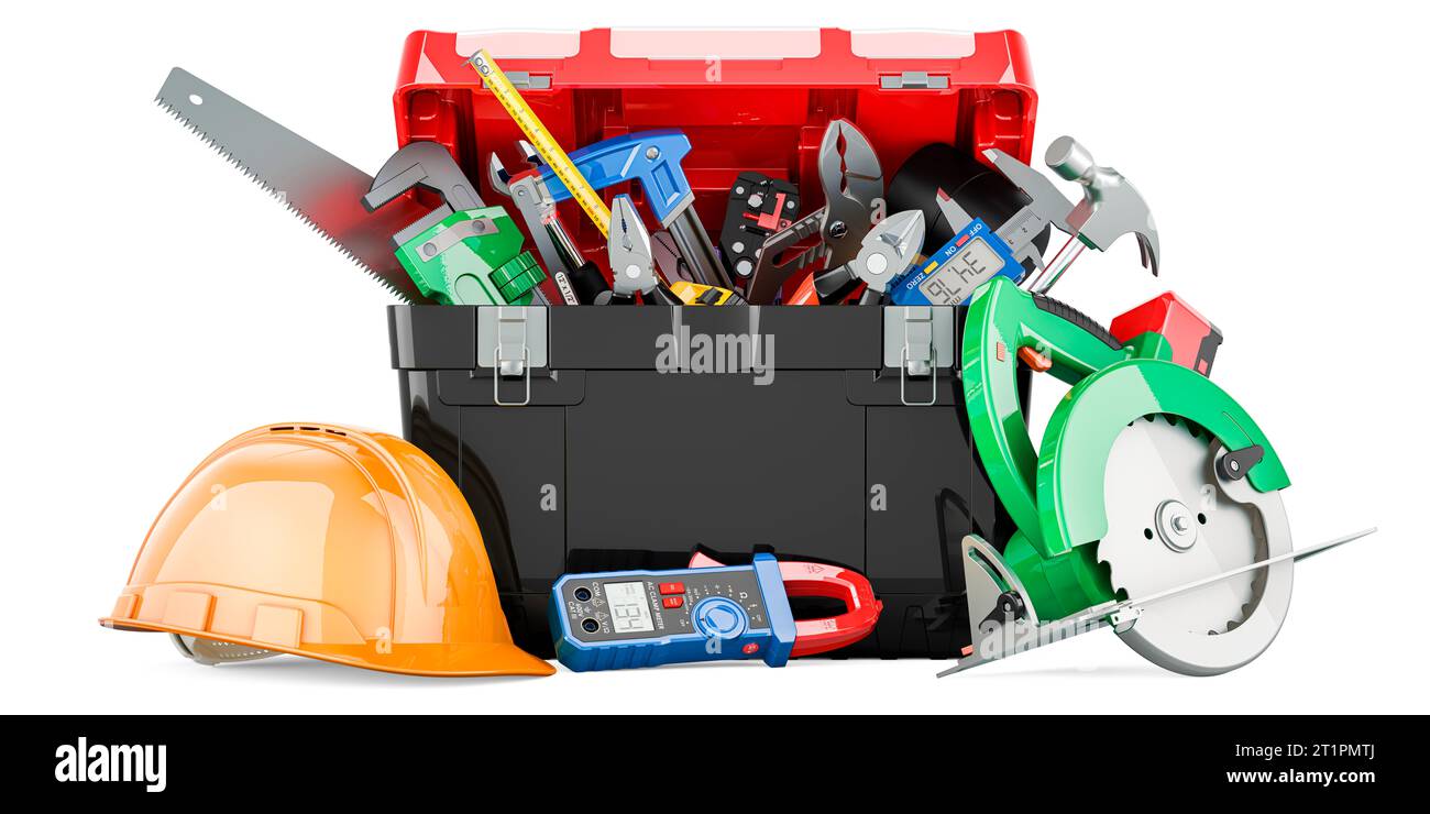 Tool box full of different tools, 3D rendering isolated on white ...