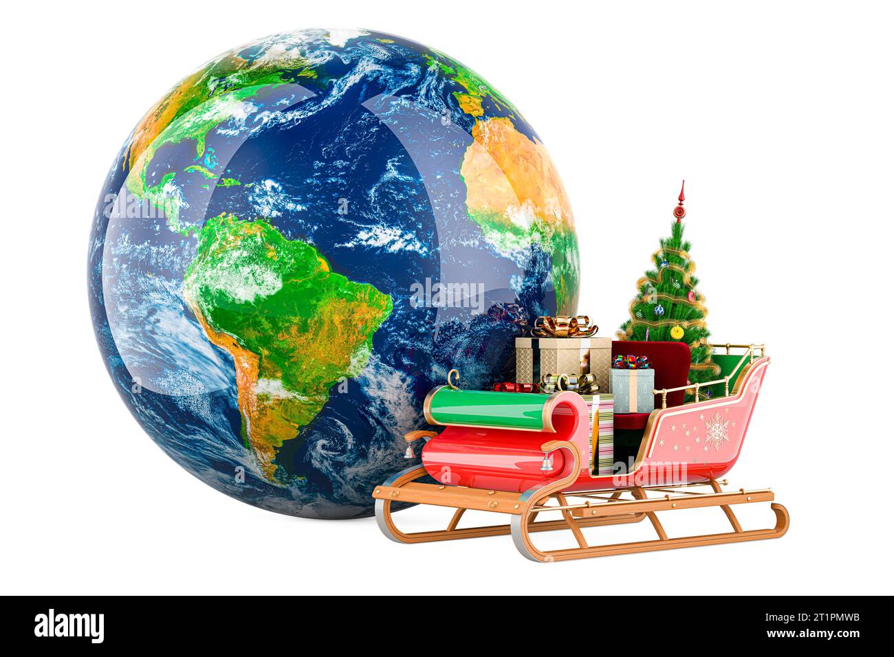 Christmas Santa Sleigh full of gifts and Christmas tree with Earth ...