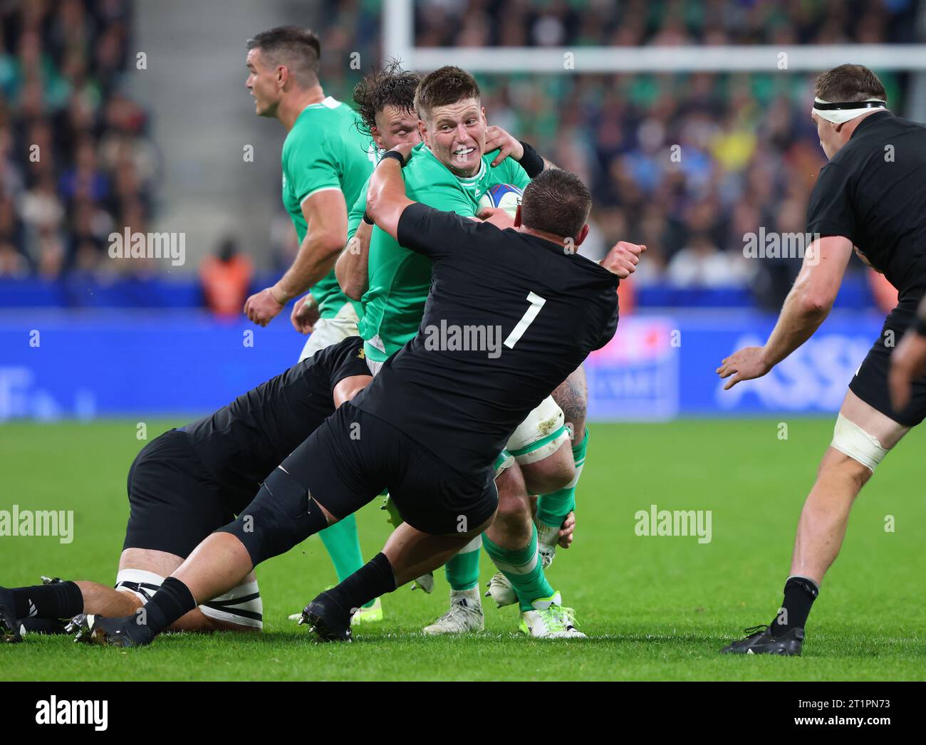 Paris, France. 14th Oct, 2023. Joe McCarthy of Ireland is tackled by ...