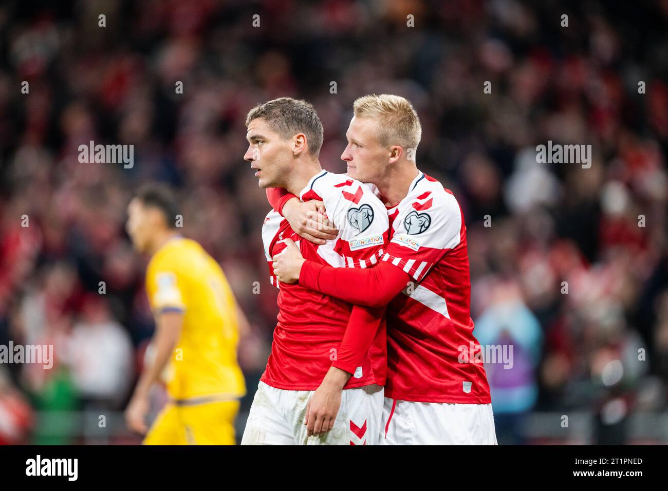 Copenhagen, Denmark. 14th Oct, 2023. Robert Skov (17) of Denmark scores ...