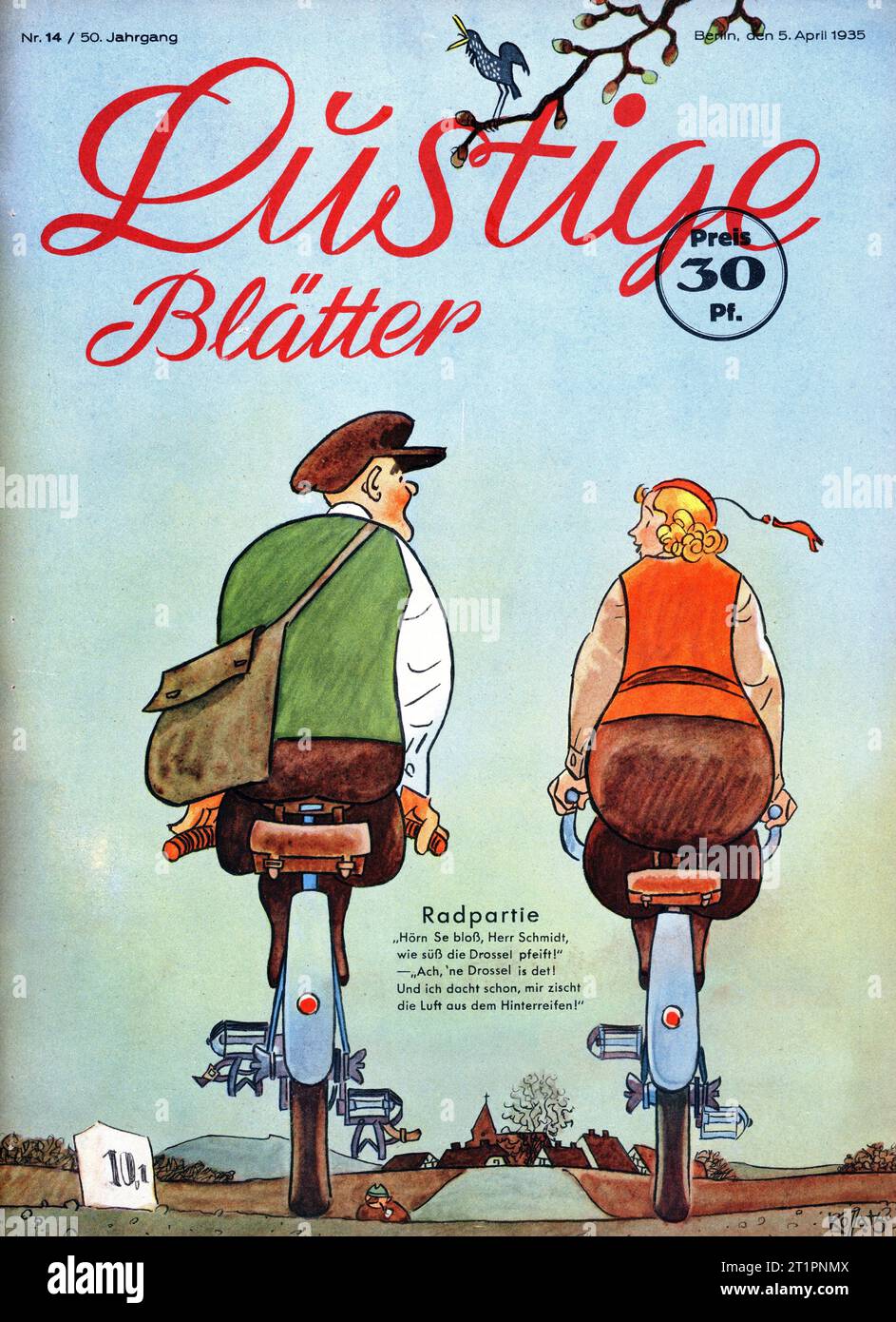 Couple on Bike Ride from front cover with artwork by KOLLATZ of 5th April 1935 edition of ...