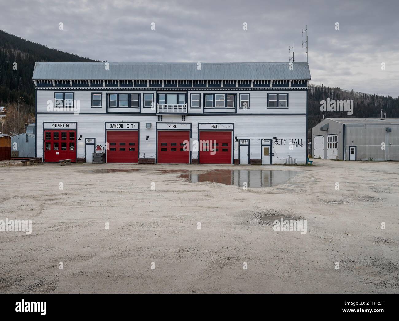 Exterior view of the historic fire hall and city hall at Dawson City ...