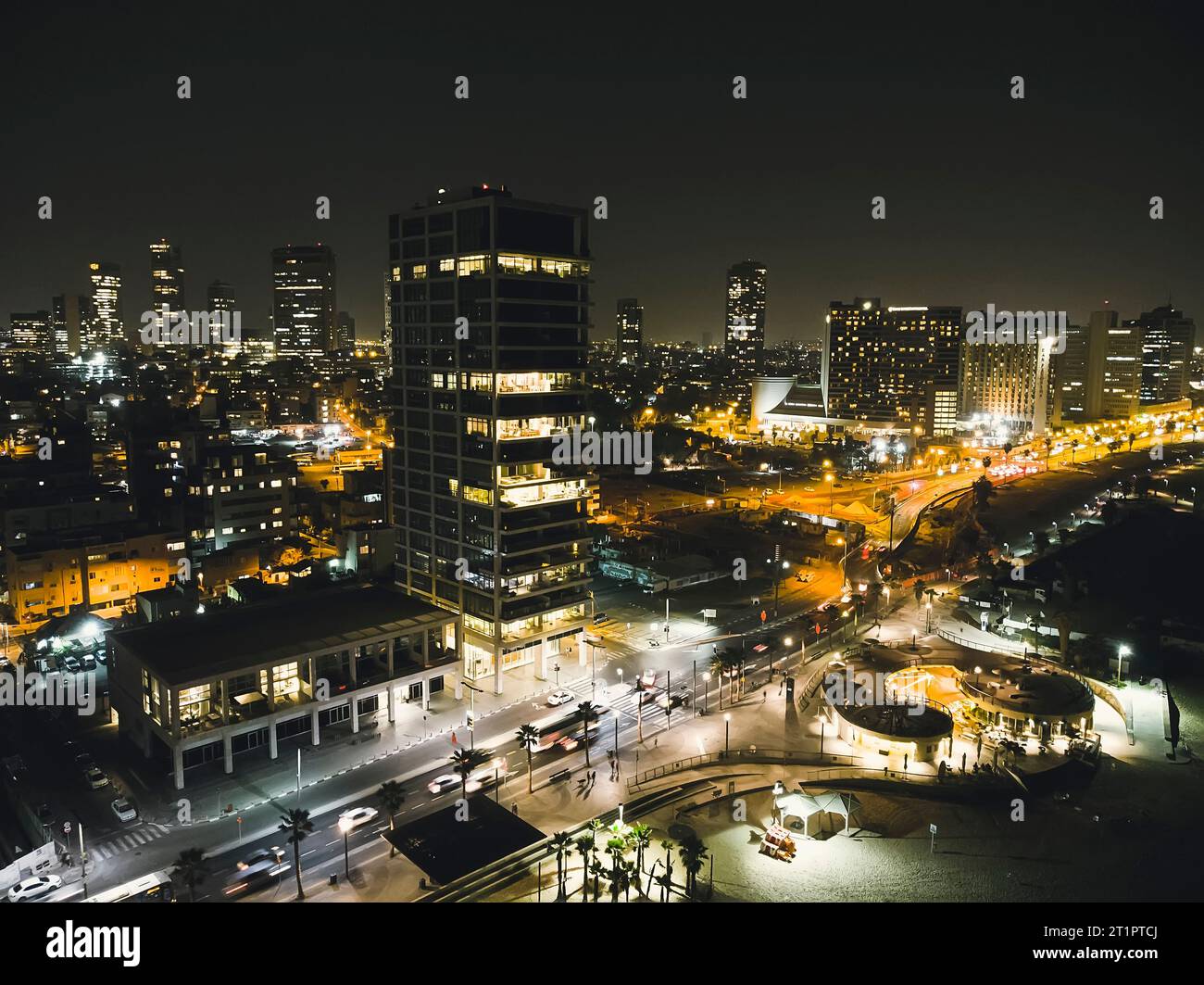 Aerial panoramic view of Tel Aviv city at night, nightlife in Tel Aviv ...