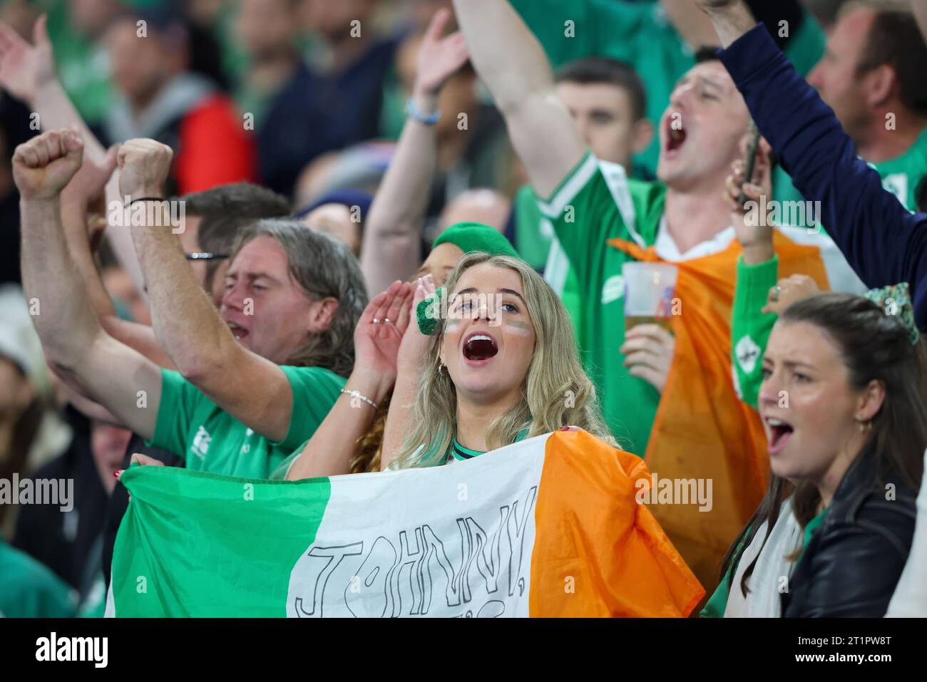 Paris, France. 14th Oct, 2023. Irish fans during the Rugby World Cup ...