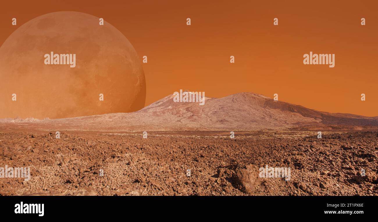 Red planet landscape like Mars with big moon satellite. Exploration and ...
