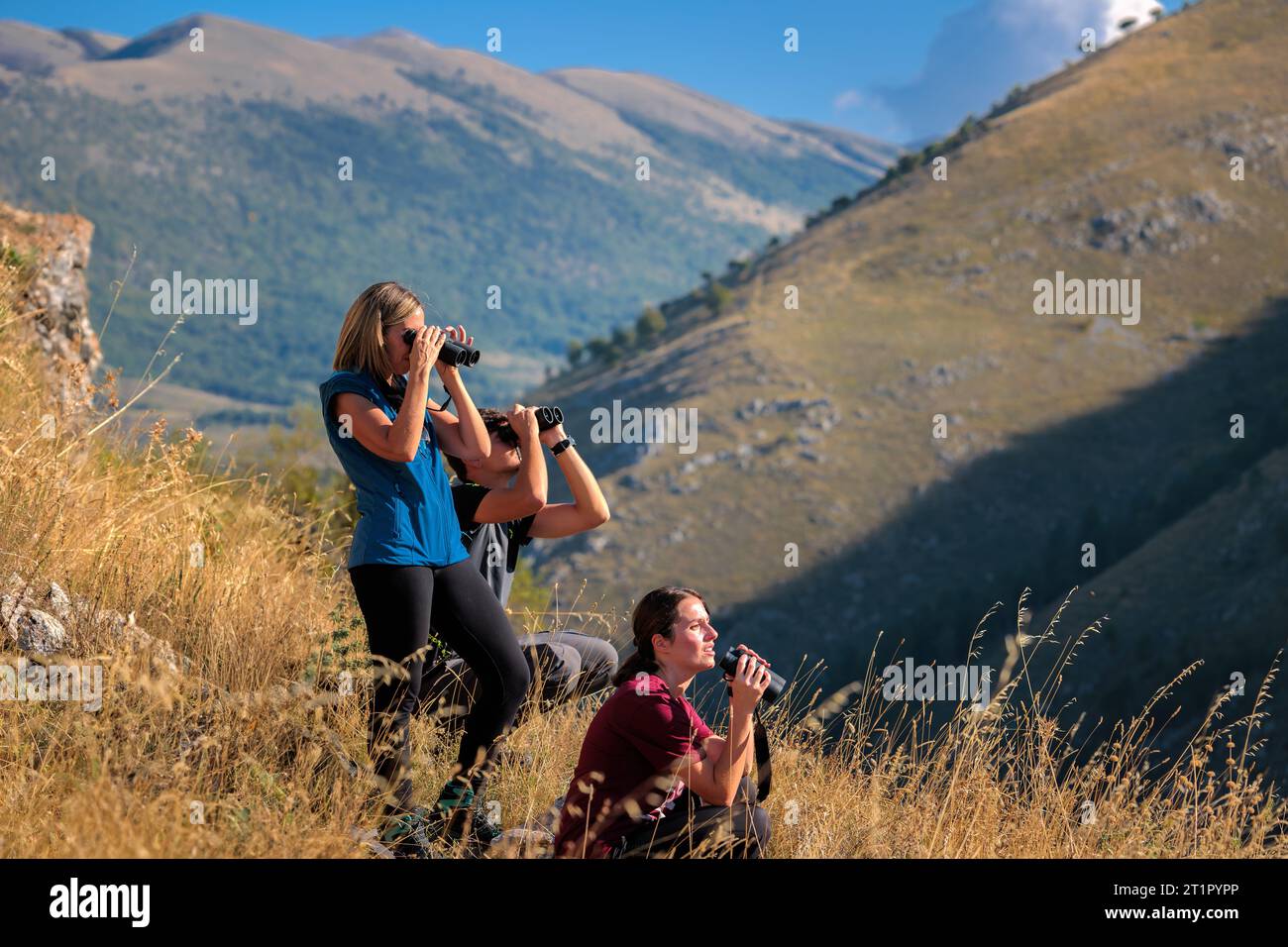 Bisegna (AQ), Italy - October 8, 2023: Group of hikers in the mountains ...