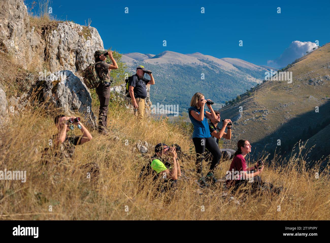 Bisegna (AQ), Italy - October 8, 2023: Group of hikers in the mountains ...