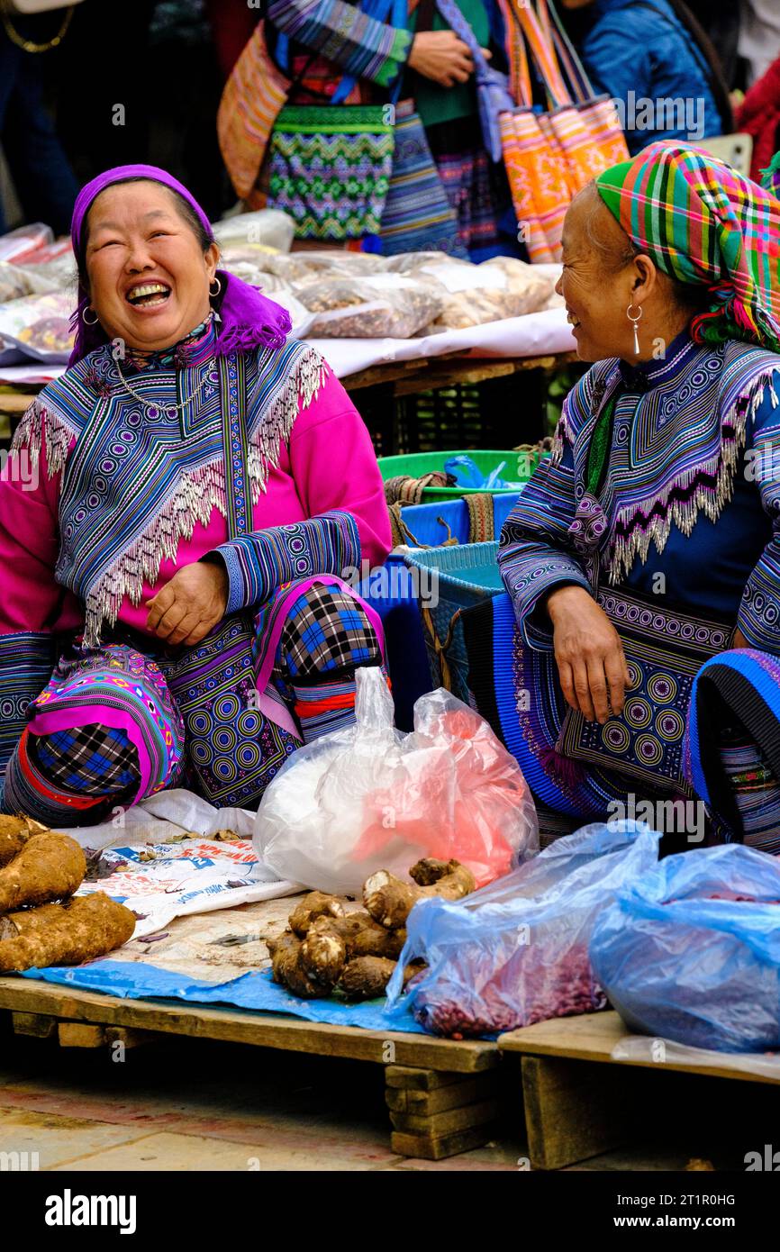 Bac Ha, Vietnam. Hmong Women in Traditional Clothing Talking in the ...