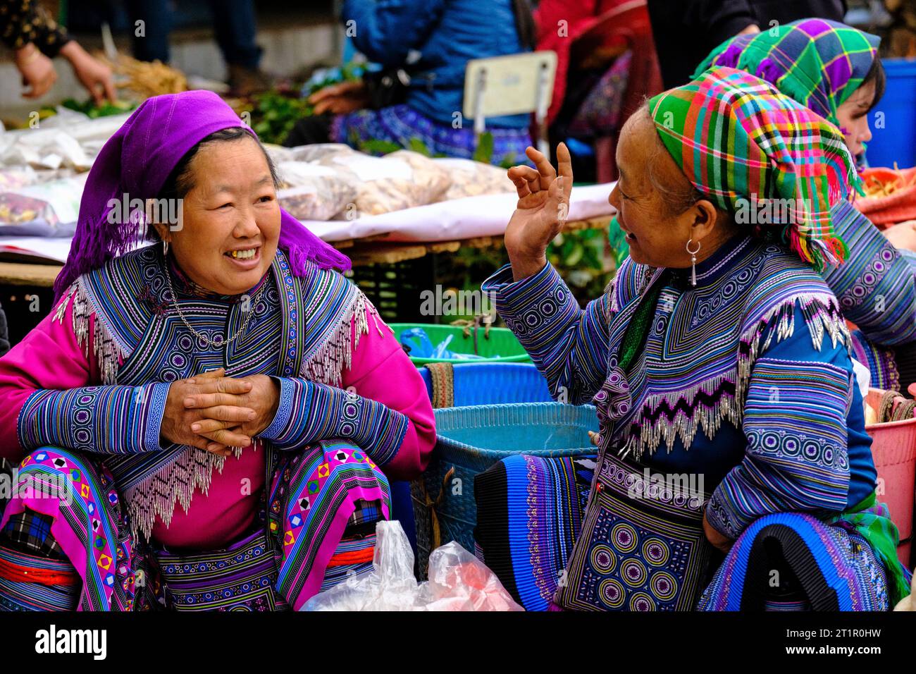 Bac Ha, Vietnam. Hmong Women in Traditional Clothing Talking in the ...