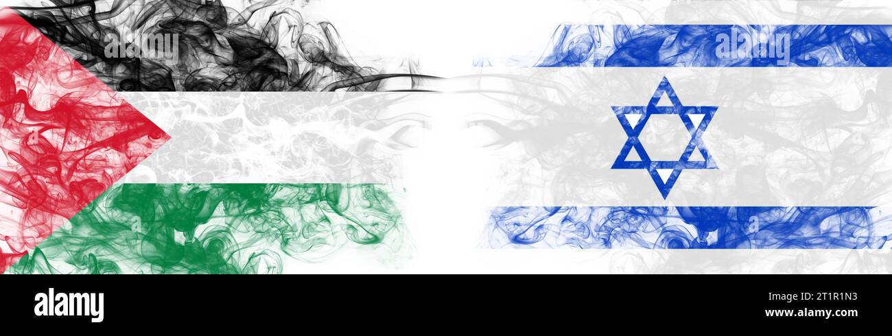 Israeli and Palestinian flag in smoke on white background. Concept of ...