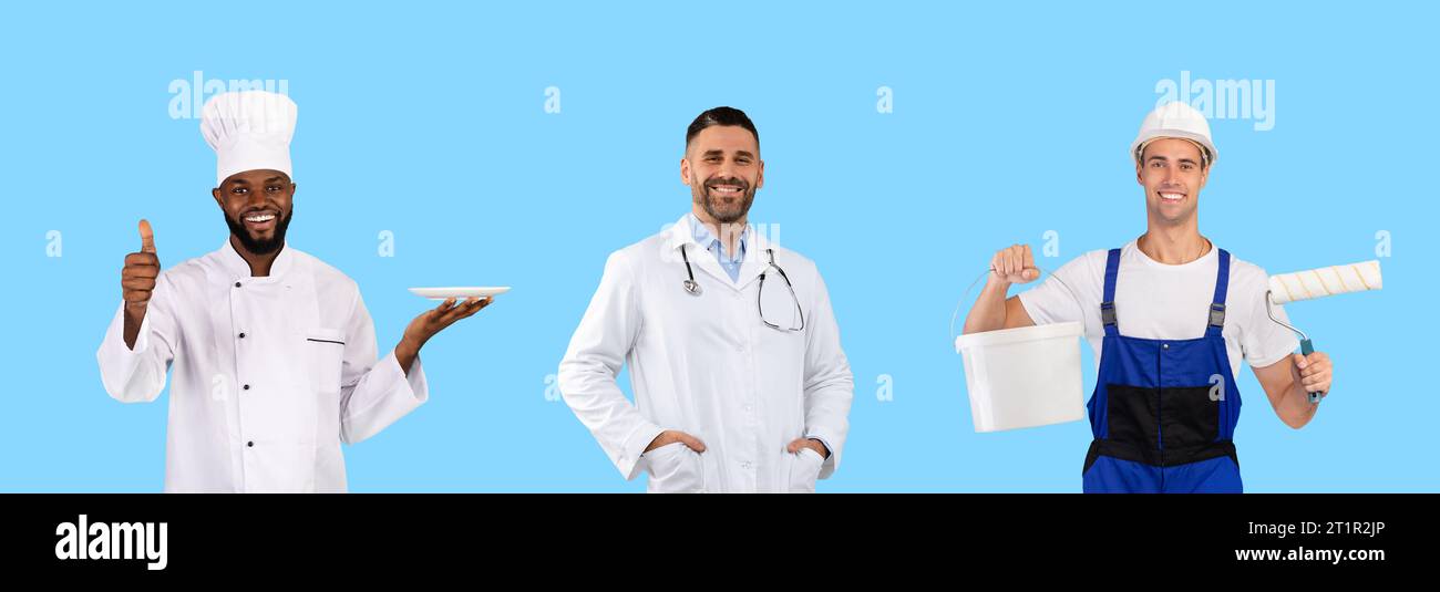 Men Of Different Professions Posing In Uniform On Blue Background Stock ...