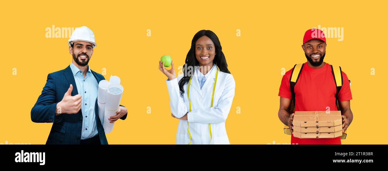 Happy multiethnic group of workers from various professions posing over ...
