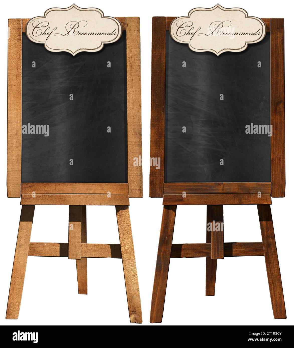 Two empty blackboards with copy space, wooden frame, easel and a label ...