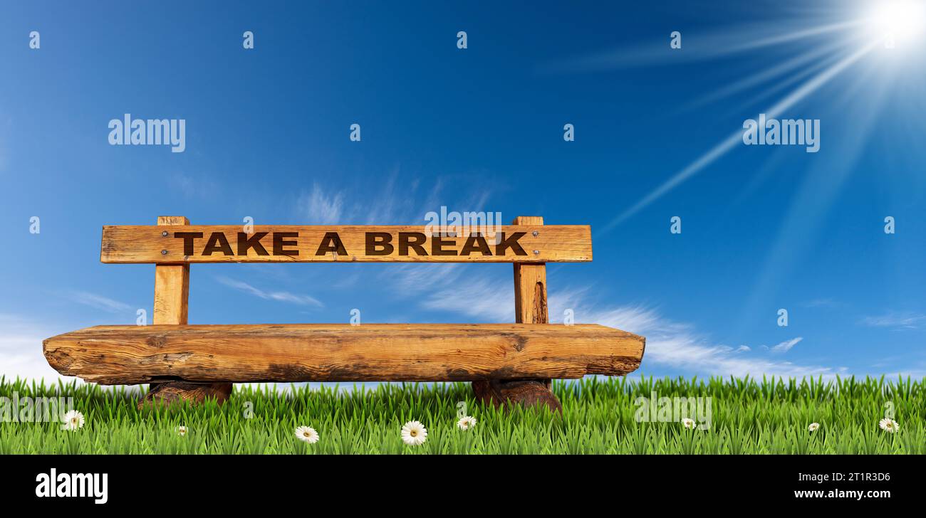 Wooden bench made of tree trunks with text Take a Break on a ...