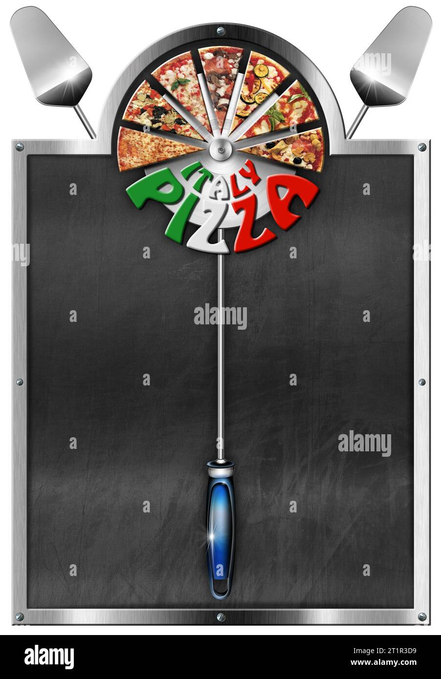 Template for a Italy Pizza Menu. Metallic sign with empty blackboard ...