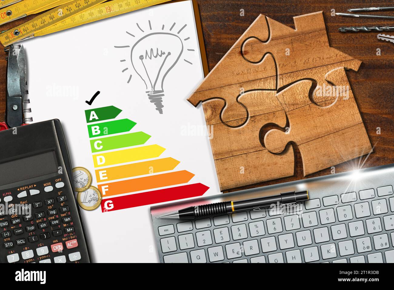 House energy efficiency rating. Wooden house made of puzzle pieces on ...