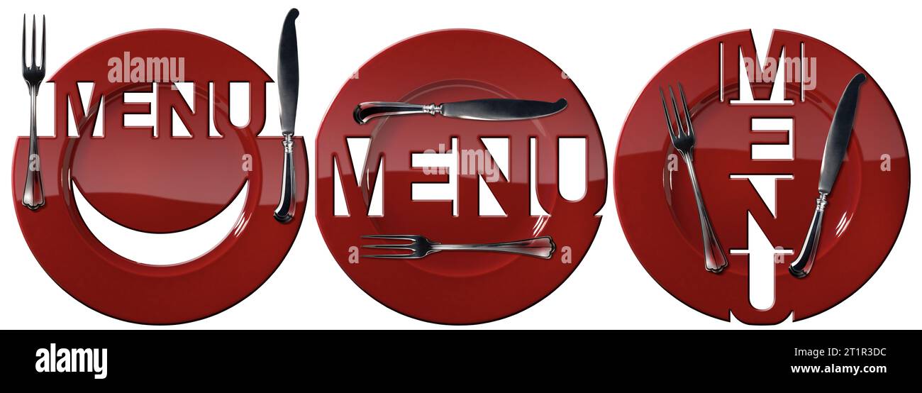 Collection of three red serving plates with text Menu and silver ...