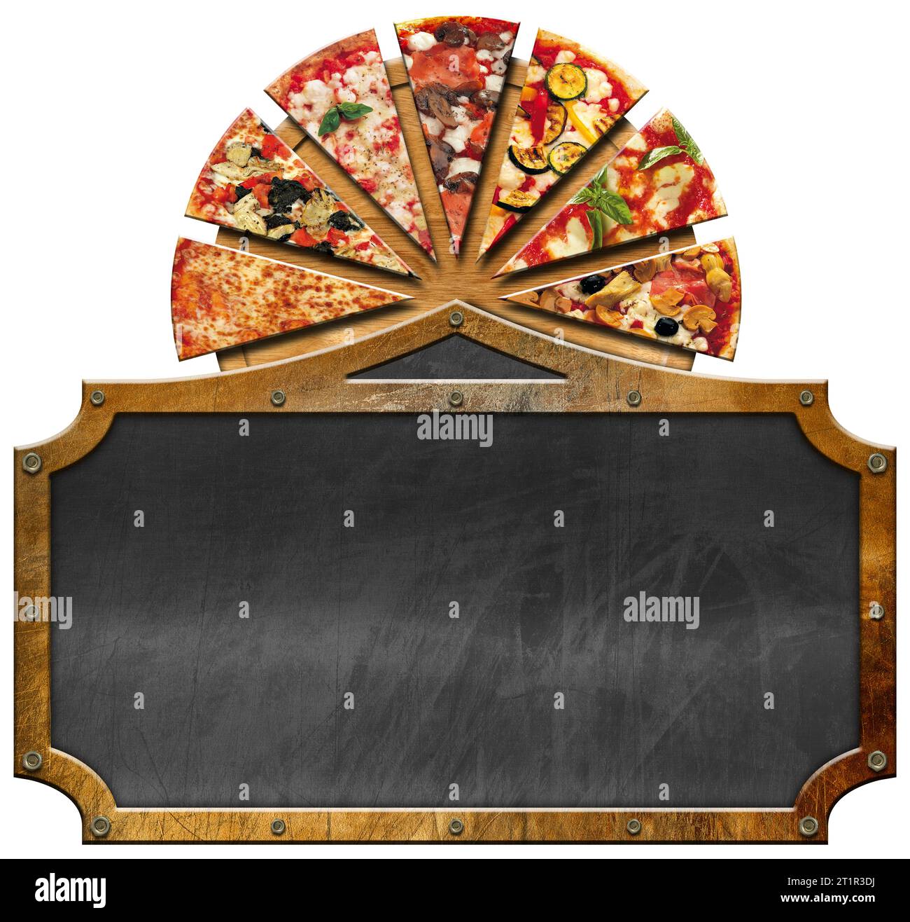 Template for a Pizza Menu. Wooden and metal sign with slices of pizza ...