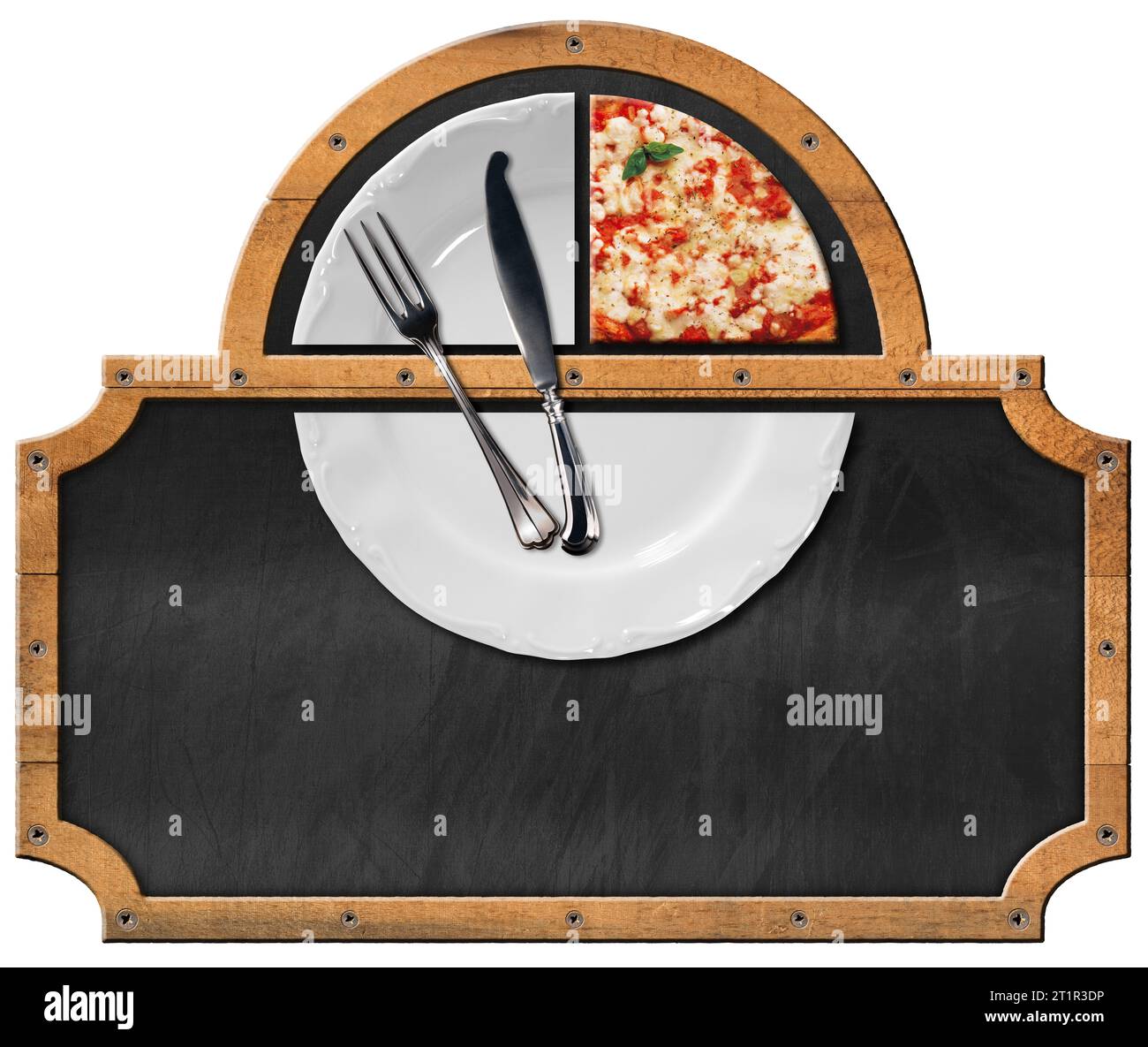 Template for Pizza Menu. Wooden sign with a slice of pizza Margherita, empty plate with cutlery ...