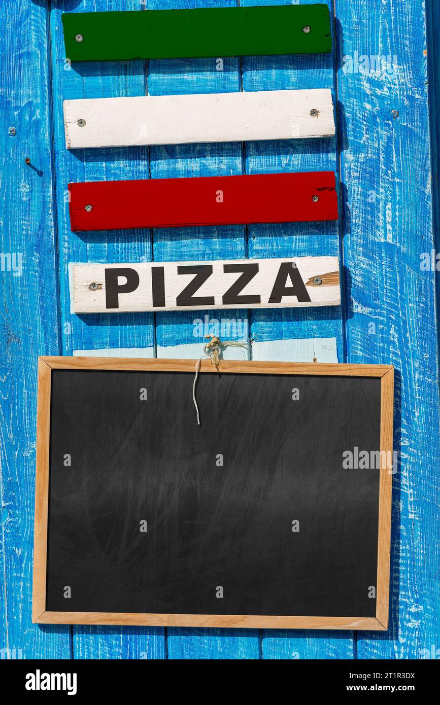 Template for a Italy Pizza Menu. Empty blackboard with wooden frame and ...