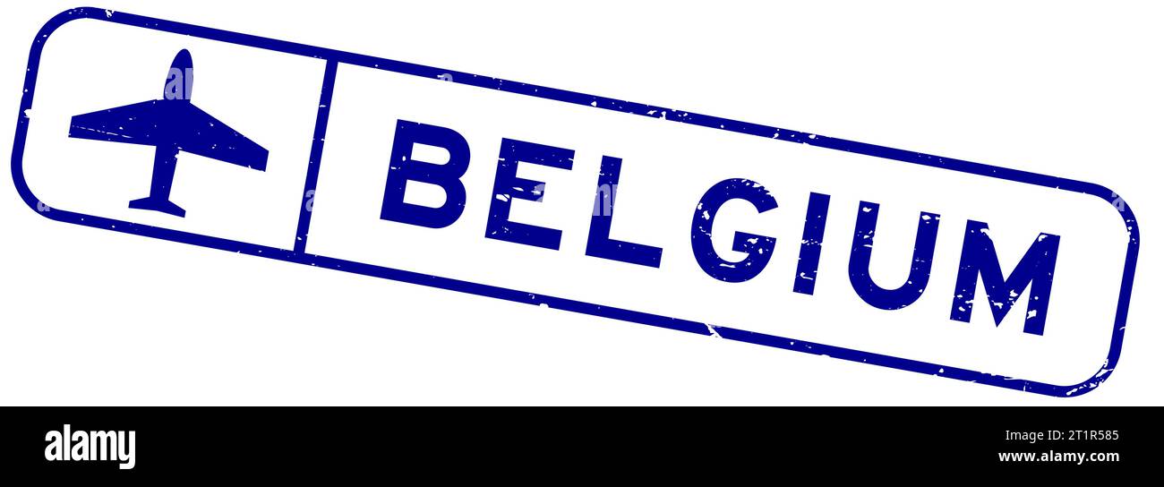 Grunge blue belgium word with plane icon square rubber seal stamp on ...