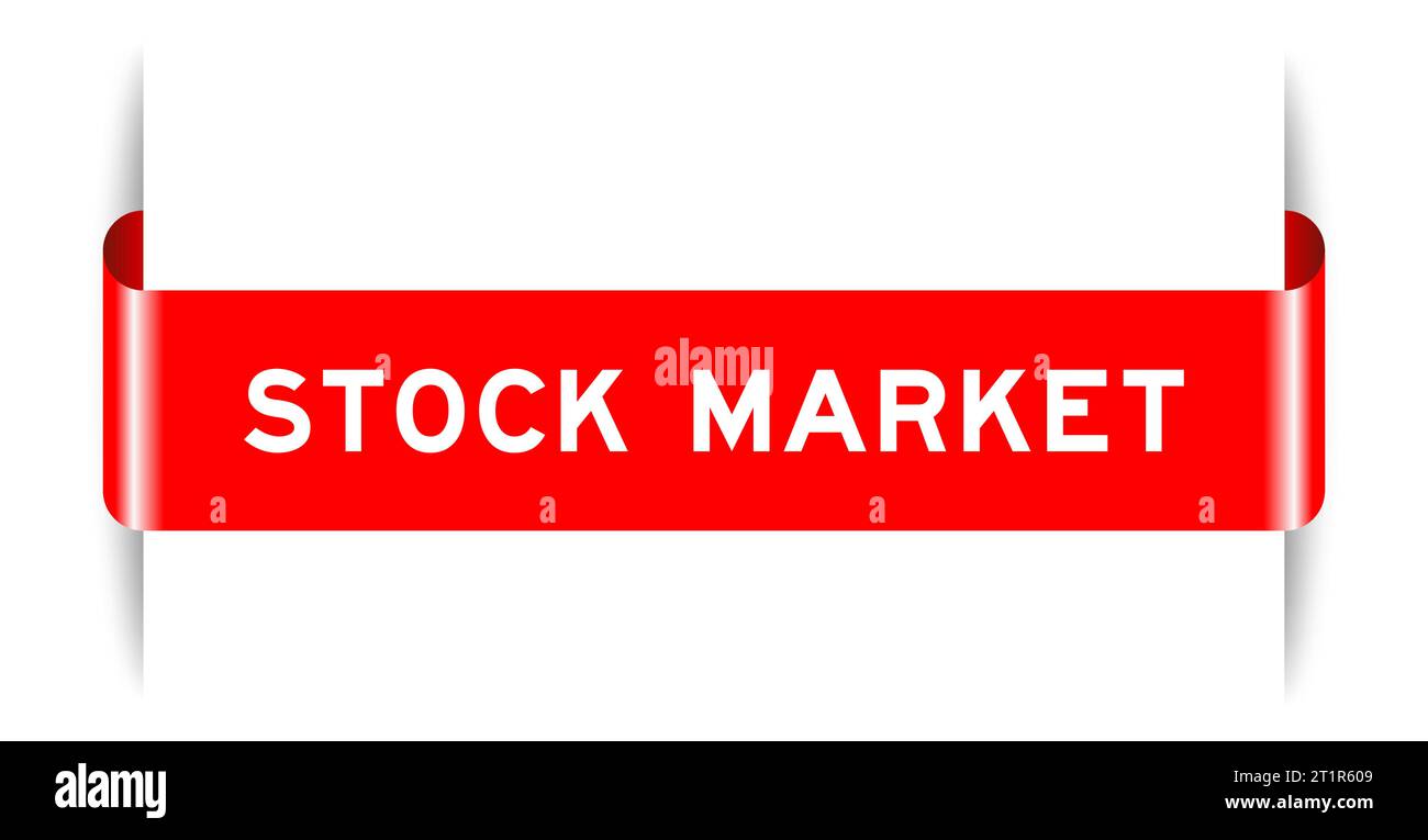 Red color inserted label banner with word stock market on white ...