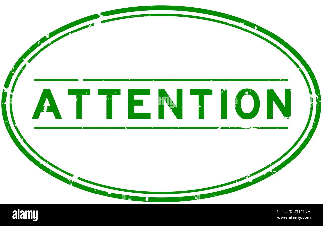 Grunge green attention word oval rubber seal stamp on white background ...