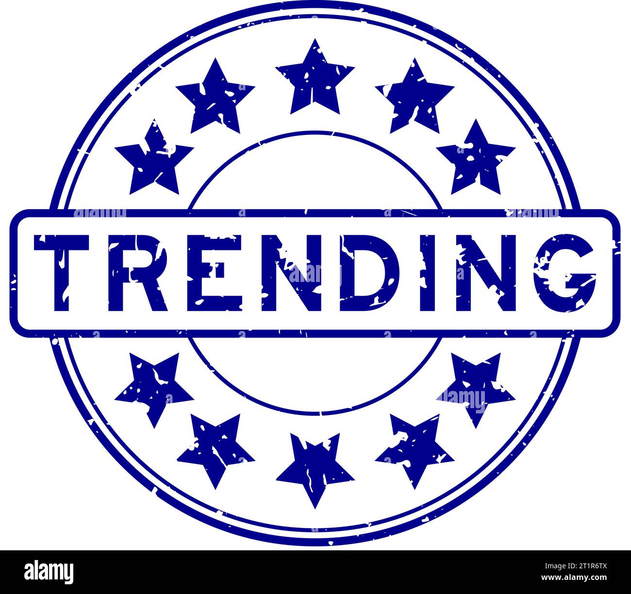 Grunge blue trending word with star icon round rubber seal stamp on ...