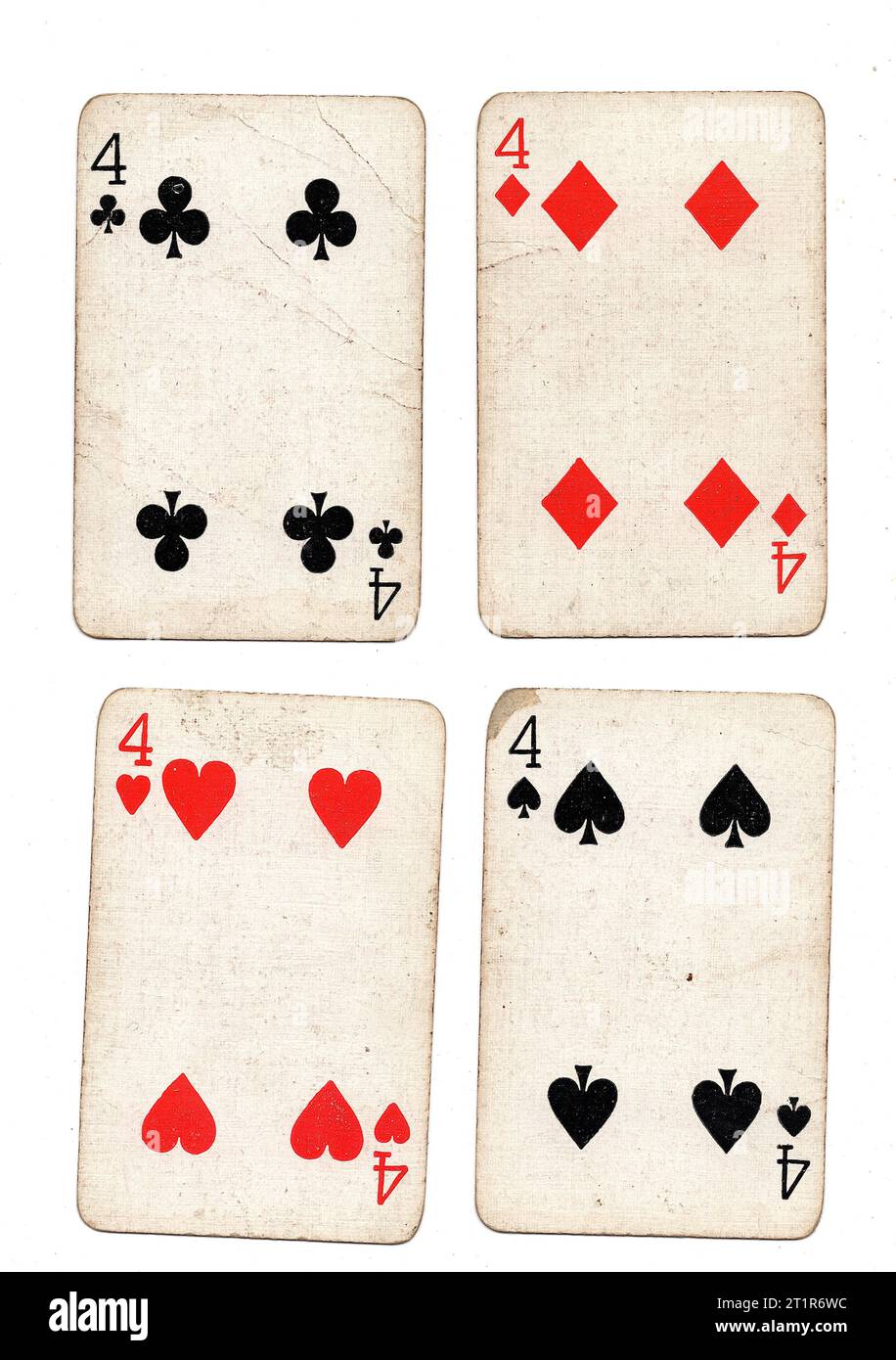 Vintage playing cards featuring four fours on a white background Stock ...