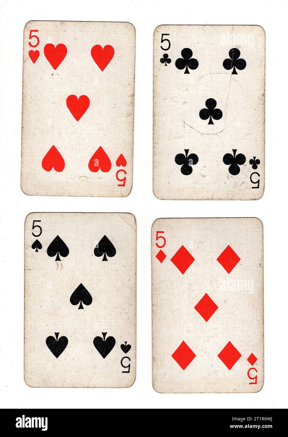 Vintage playing cards featuring four fives on a white background Stock ...